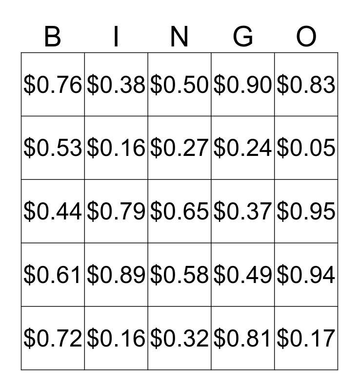 Cents Bingo Card