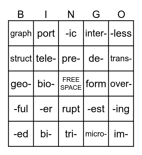 Morpheme Bingo Card