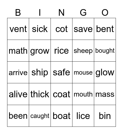 Minimal Pairs Bingo Card
