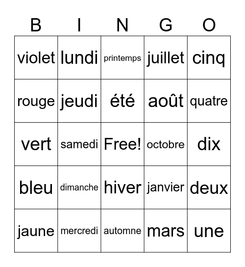 French Bingo Card