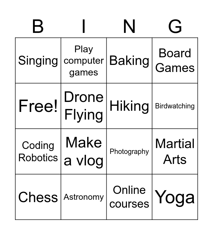 Free Time Activities Bingo Card