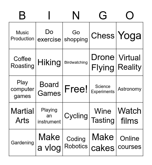 Free Time Activities Bingo Card