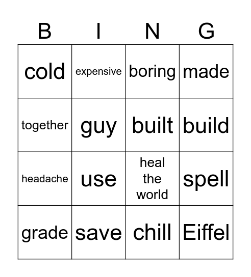 Words Bingo Card
