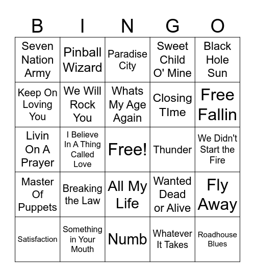 Rock Star Bingo Card