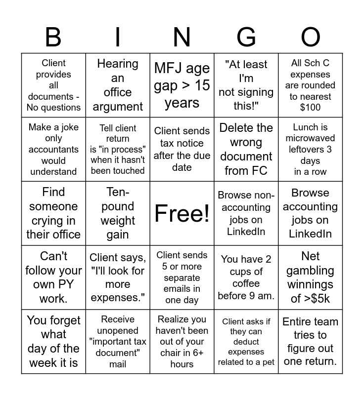 Tax Season Bingo Card