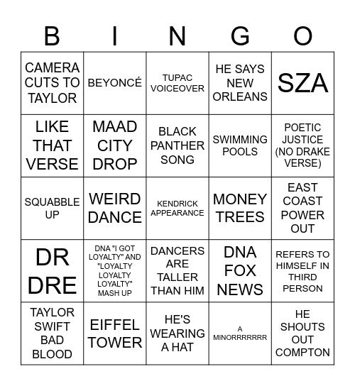 KENDRICK HALFTIME Bingo Card