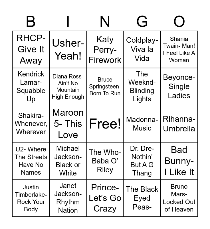 Radio Bingo Super Bowl Halftime Performers Bingo Card