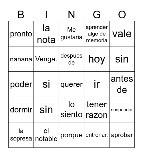 Unidad 3A Bingo Card