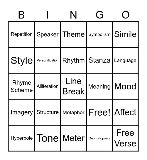 SLAM/Poetry Review Bingo Card