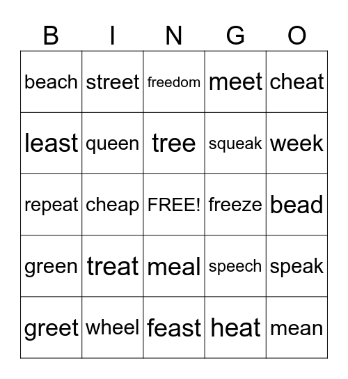 Long E "-ee, -ea" Bingo Card