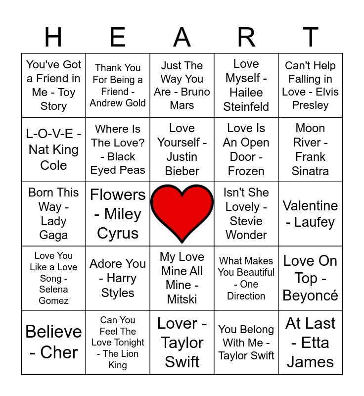 Valentine's Day Bingo (HEART) Bingo Card