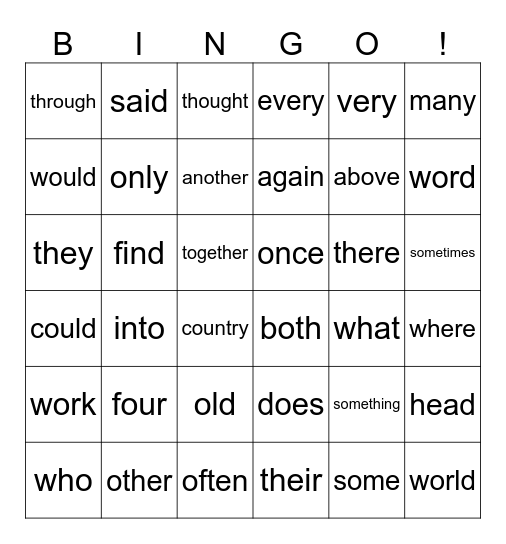 Sight Words Bingo Card