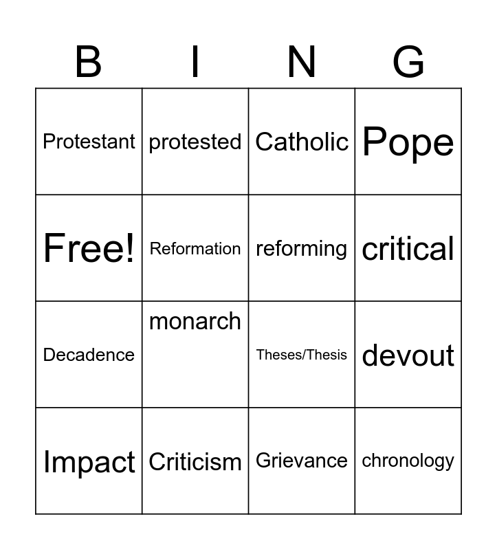 REFORMATION cruiLITERACY BINGO Card