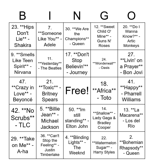 BINGO MUSICAL Bingo Card