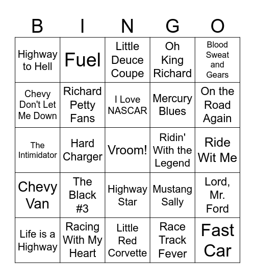 Fast Cars Bingo Card