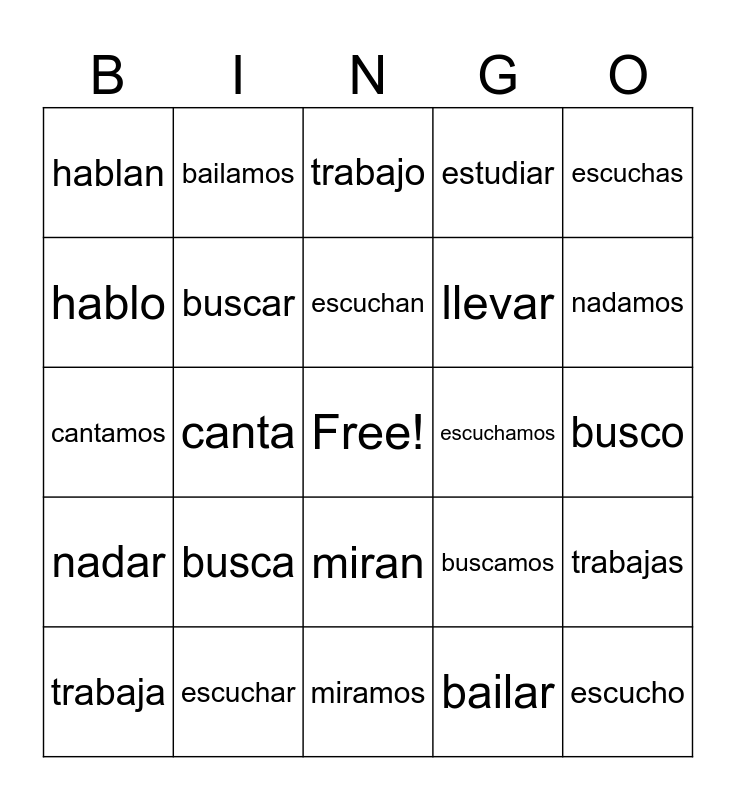 AR Conjugation Present Tense Bingo Card