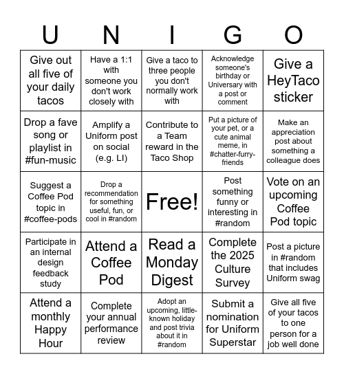 Q1 2025 Unigo Bingo Card