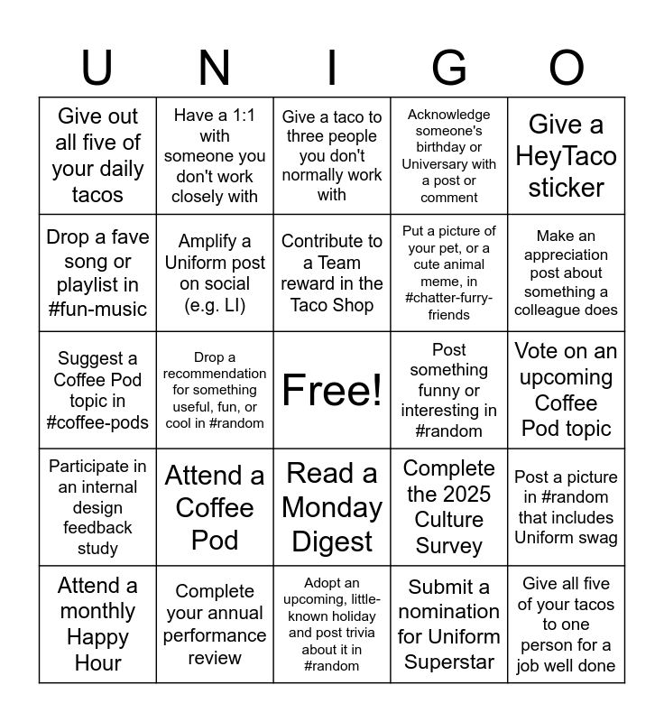 Q1 2025 Unigo Bingo Card