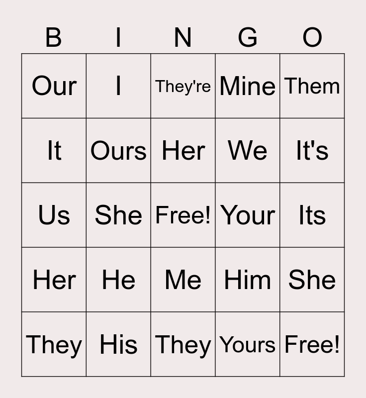 Pronoun Bingo Card