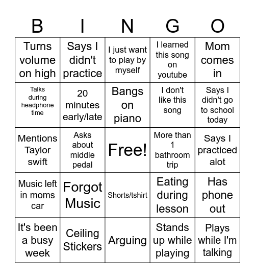 Piano Lessons Bingo Card