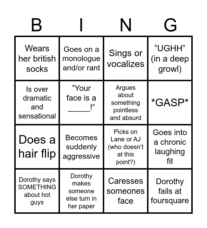DOROTHY BING CARD Bingo Card
