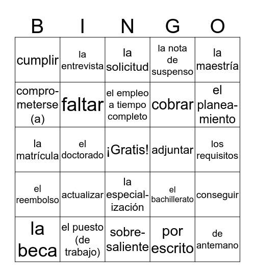 La Educación y Las Carreras Bingo Card