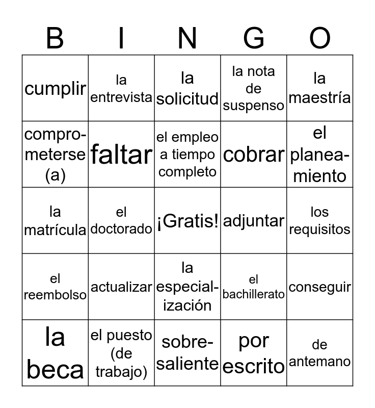 La Educación y Las Carreras Bingo Card