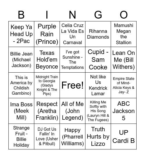 Black History Month Music Bingo! Bingo Card