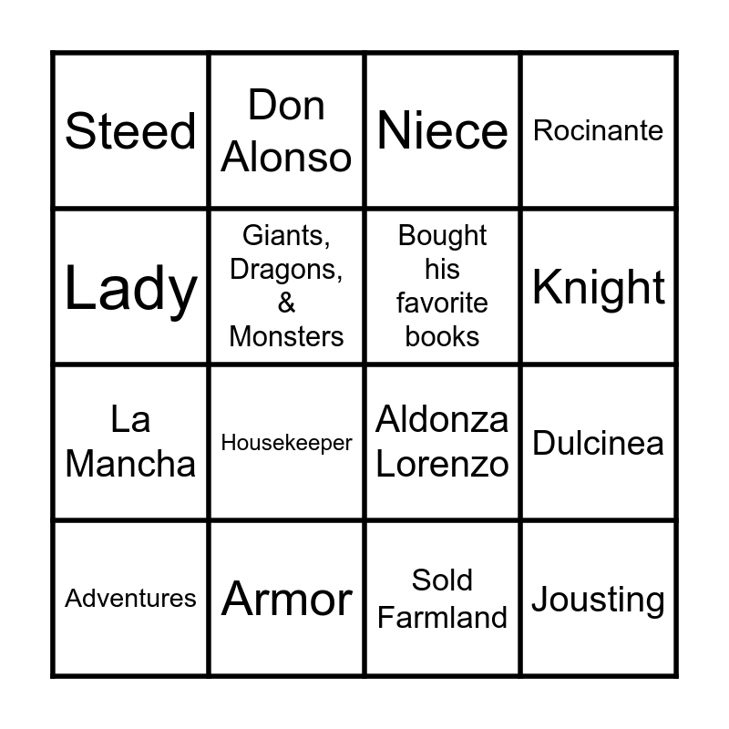 Don Quixote: A Knight in Armor Bingo Card