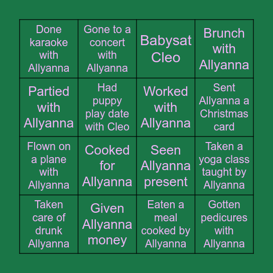 Allyanna's 30th Birthday Bingo Card