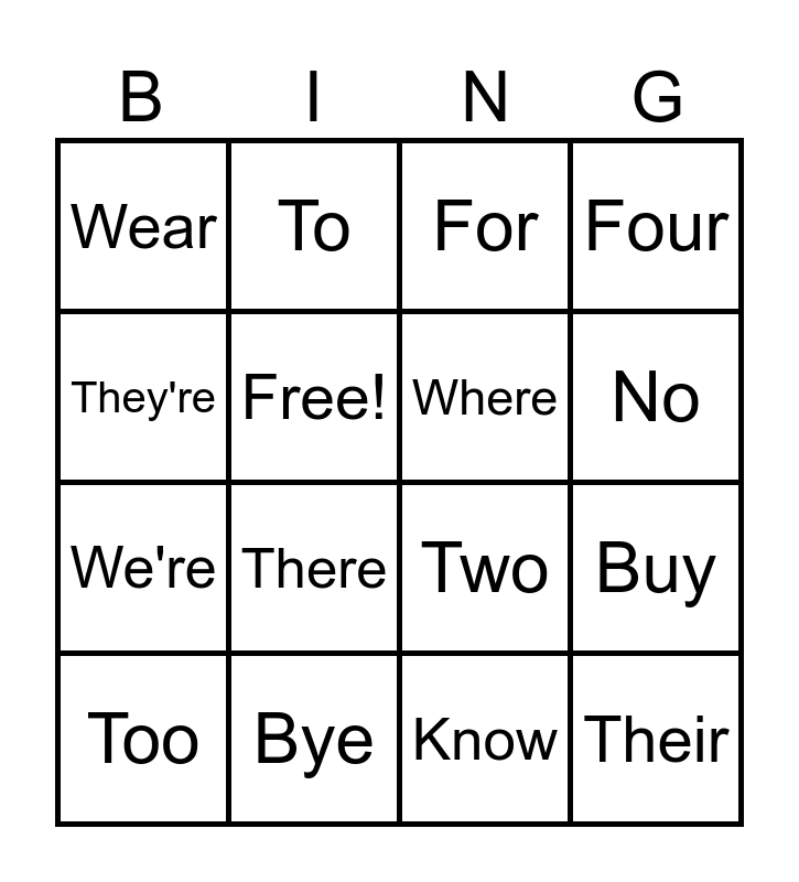 Homophone Bingo Card