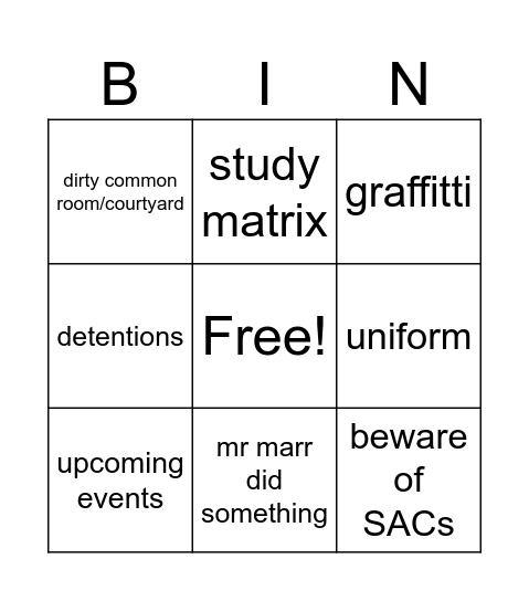 year level assembly bingo Card