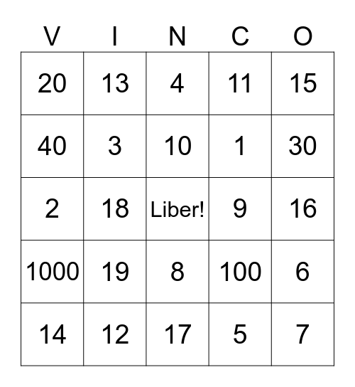 Roman Numeral Latin Vinco Bingo Card