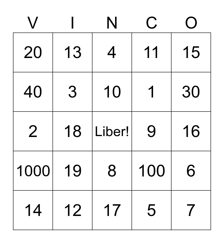 Roman Numeral Latin Vinco Bingo Card