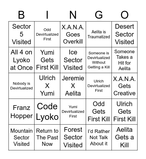 Code Lyoko Season 2 Bingo Card
