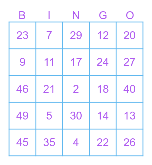Numbers Bingo Card