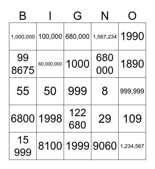 Big Numbers Bingo Card