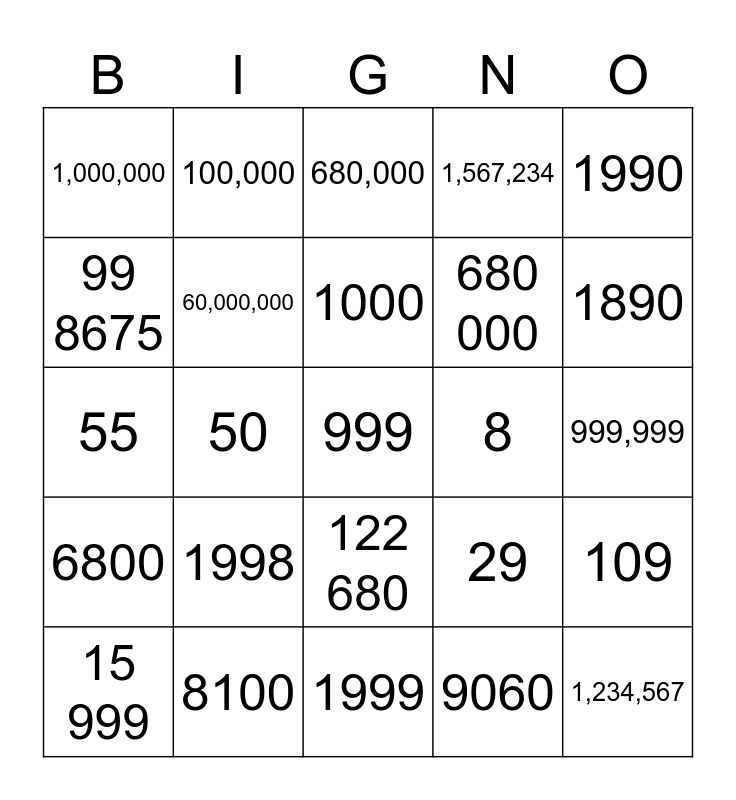 Big Numbers Bingo Card