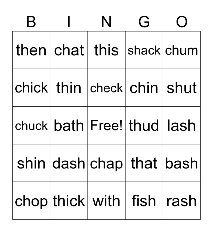 Digraph Bingo Card