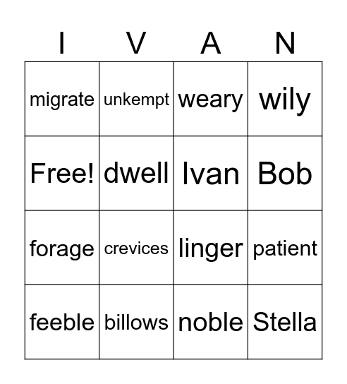 The One & Only Ivan Vocabulary pg 1-37 Bingo Card
