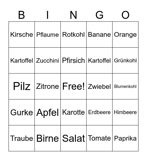 Obst und Gemüse Bingo Card