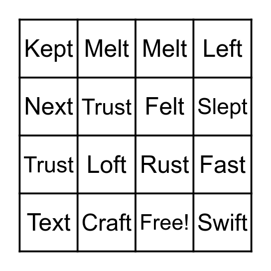 Ending T Blends Bingo Card