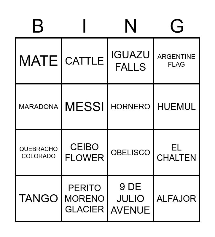 ARGENTINA Bingo Card