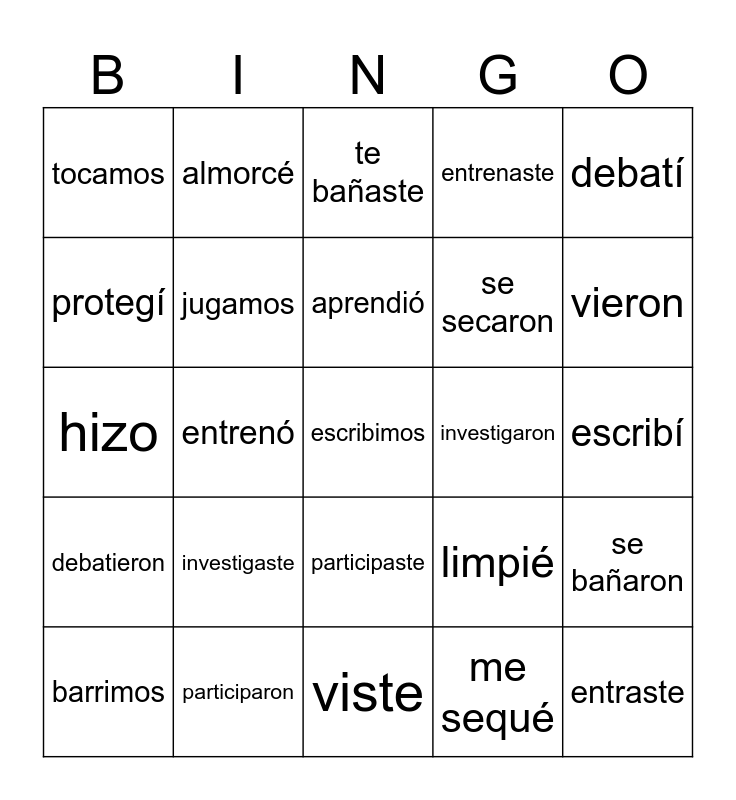 el preterito Bingo Card