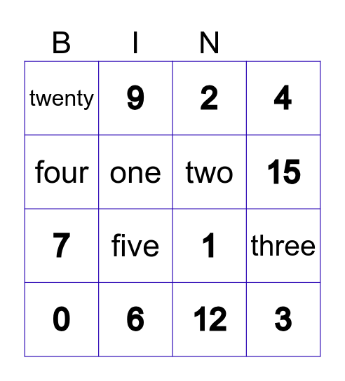 Numbers in English Bingo Card
