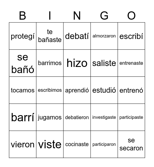el preterito Bingo Card