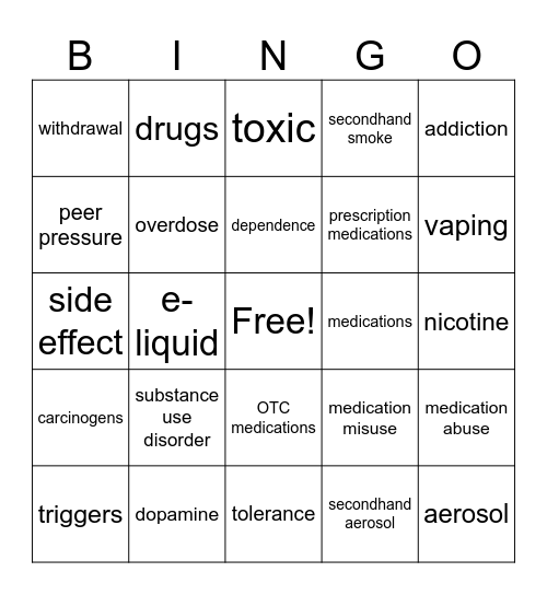Alcohol, Tobacco, & Other Drugs Bingo Card