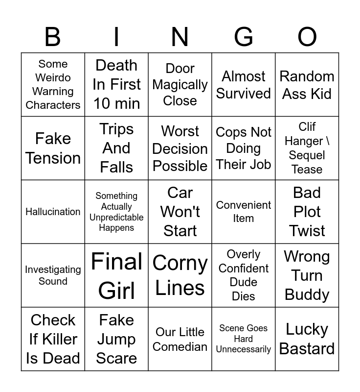 Horror Movie Bingo Card