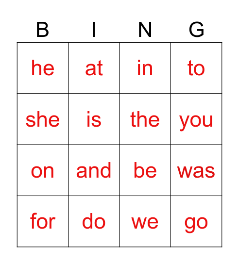 Red Word Bingo Card