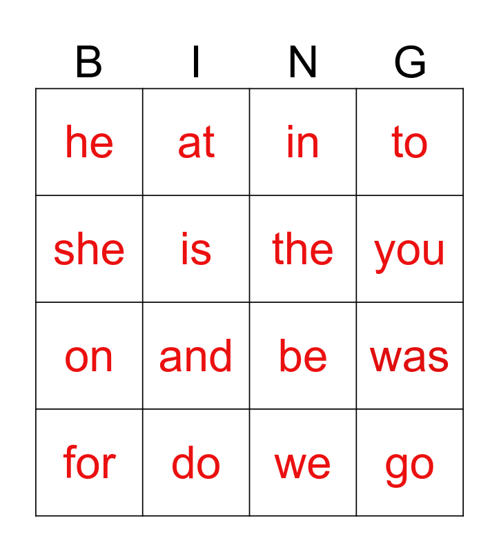 Red Word Bingo Card